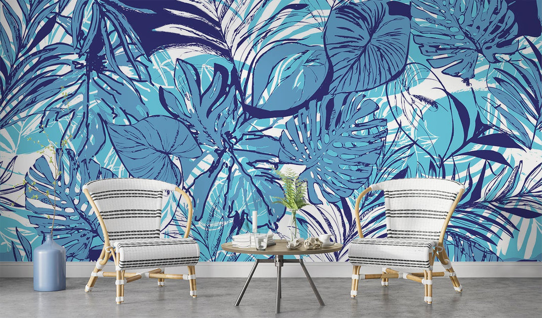 Blue leaf wall mural|Bedroom wallpaper| Mural Wonder – Mural Wonder