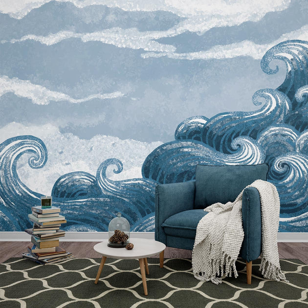 Blue wave wall mural| Bedroom wallpaper| MuralWonder – Mural Wonder