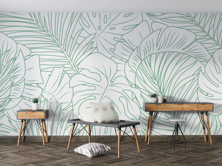 Green Leaves Line Art Wall Mural – Mural Wonder