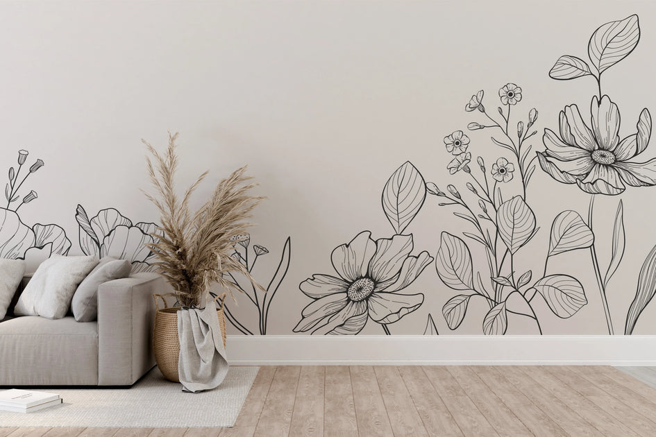 Wildflowers Line Art Wall Mural – Mural Wonder