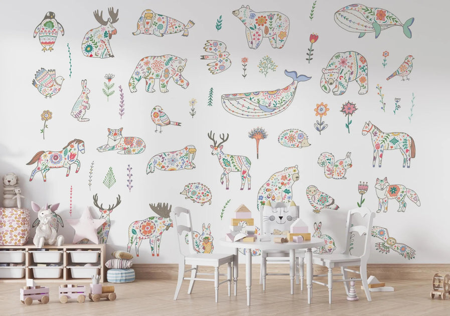 Floral animals wall mural | Nursery wallpaper – Mural Wonder